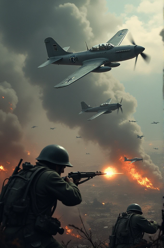 A intense image of world war 2. fighter jets are flying in the air ...