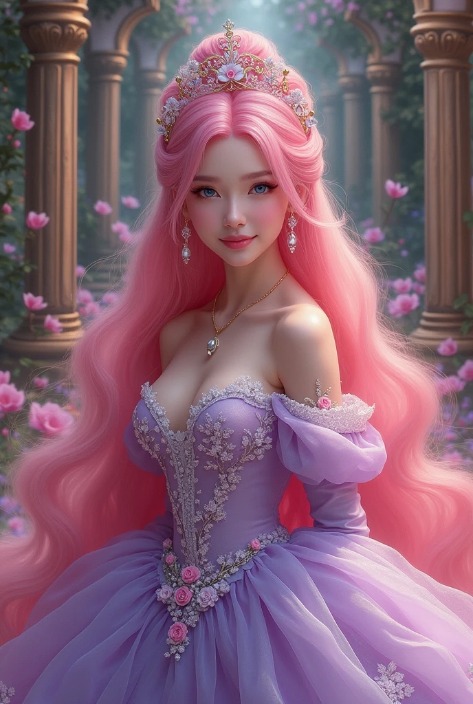 I create a pink-haired princess with Asian features, Her dress is like ...