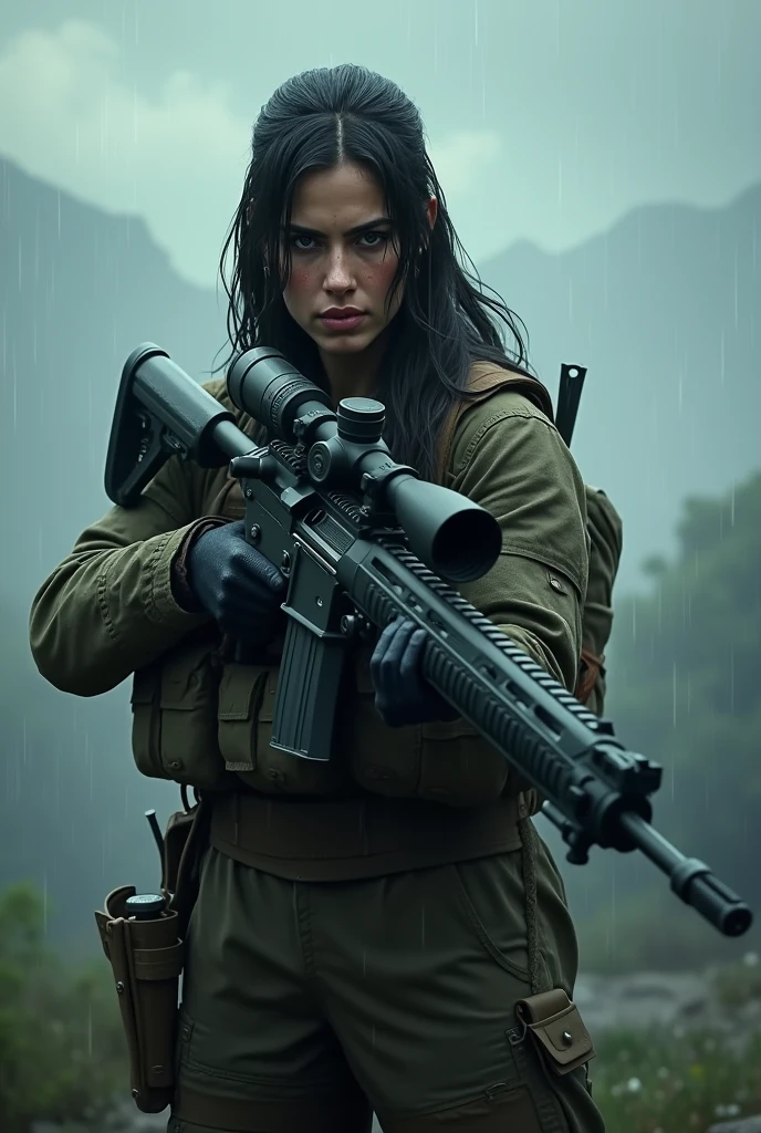 Female soldier holding a sniper in the rain 8k - SeaArt AI