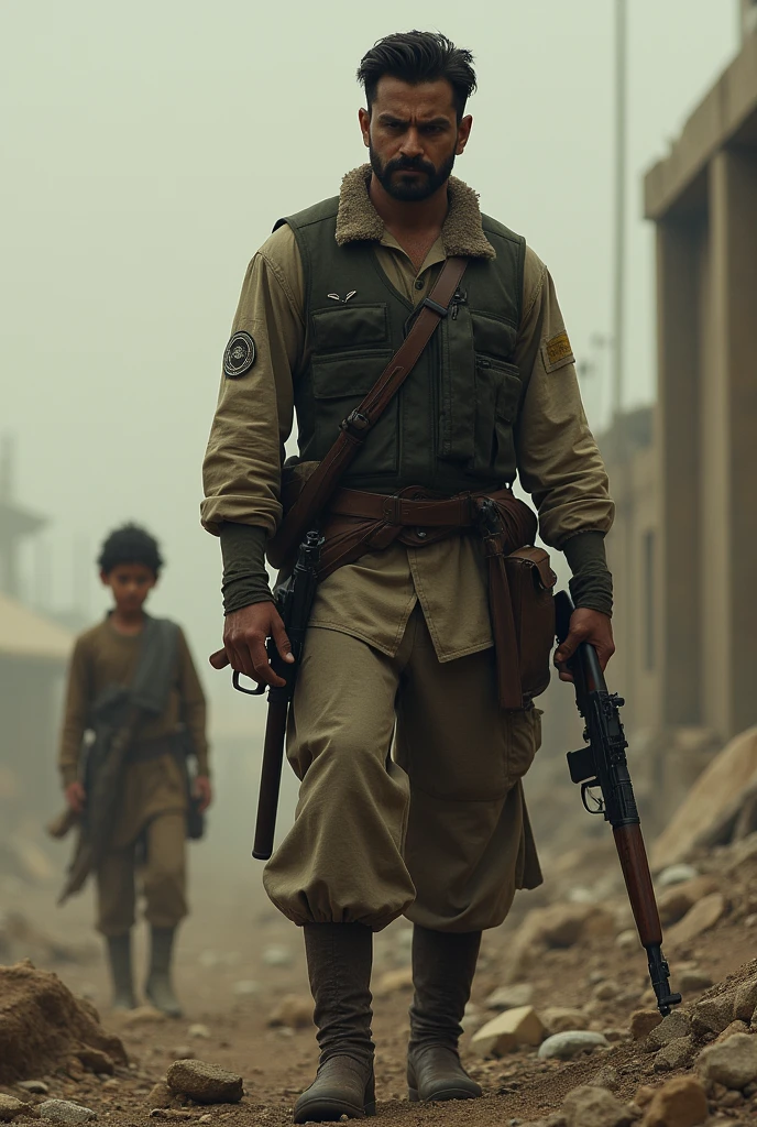 Arjun dropping his gun, looking conflicted, with the child still in the ...