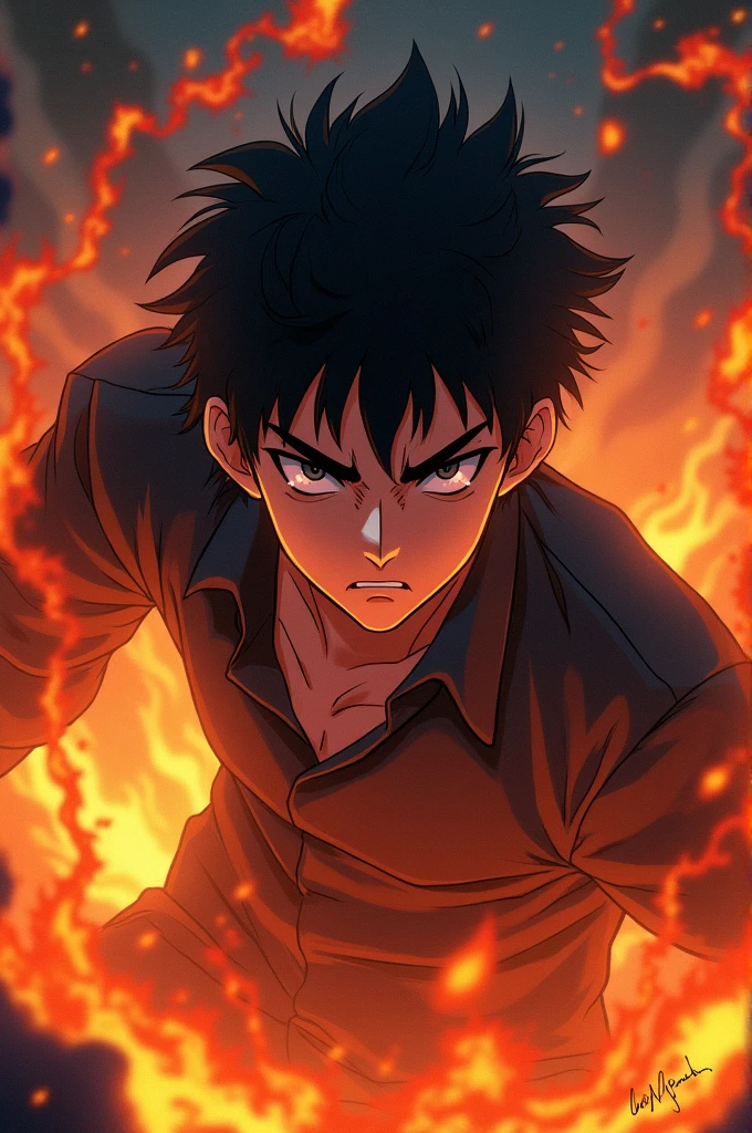 A anime boy background fire and devil loocking anime boy - SeaArt AI