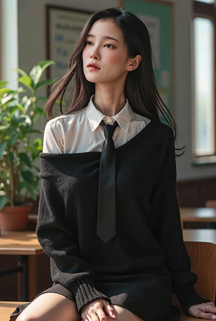 Chinese woman, long hair, collared shirt, black off shoulder loose ...