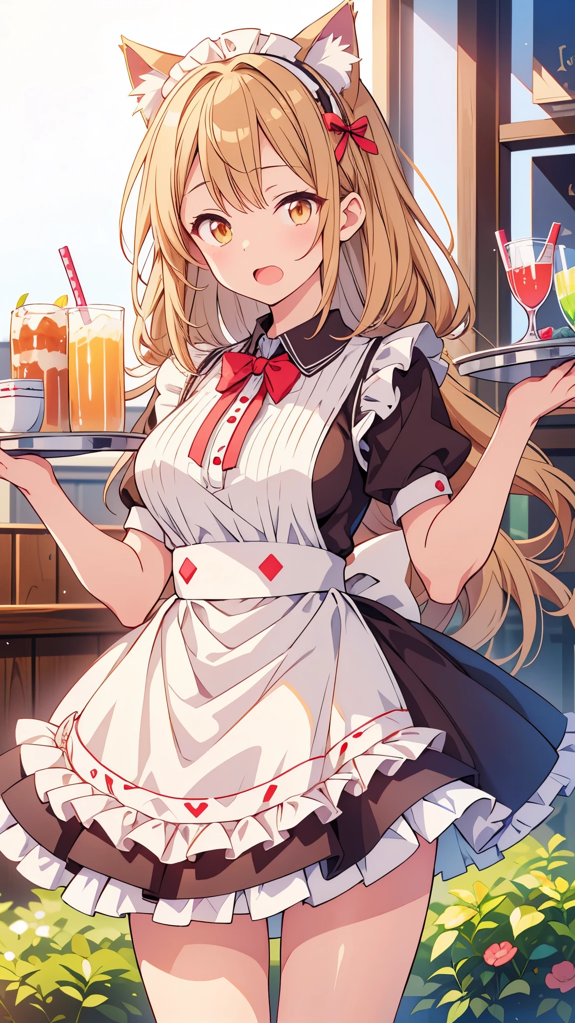 A woman in a maid outfit holding a tray with drinks - SeaArt AI