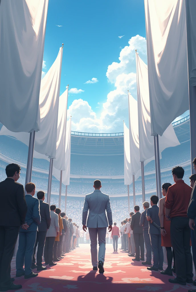 Arrival area and white flags word goal sport and a man arriving cross ...