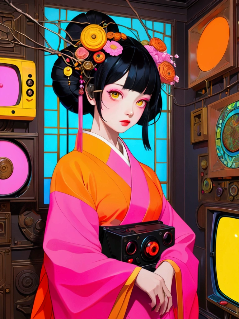 Collage painting, robot geisha, big eyes, ulzzang, wires, buttons ...