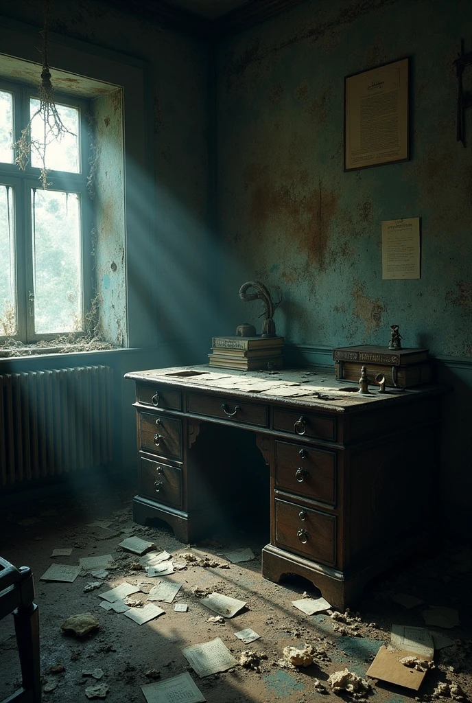 A studio which is very old and horror with a old desk in front - SeaArt AI