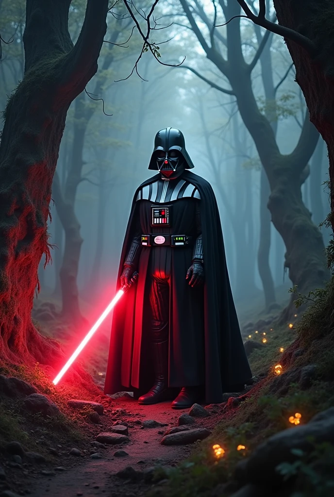 Darth Vader、Standing in the forest of Endor、Holding a red lightsaber in ...