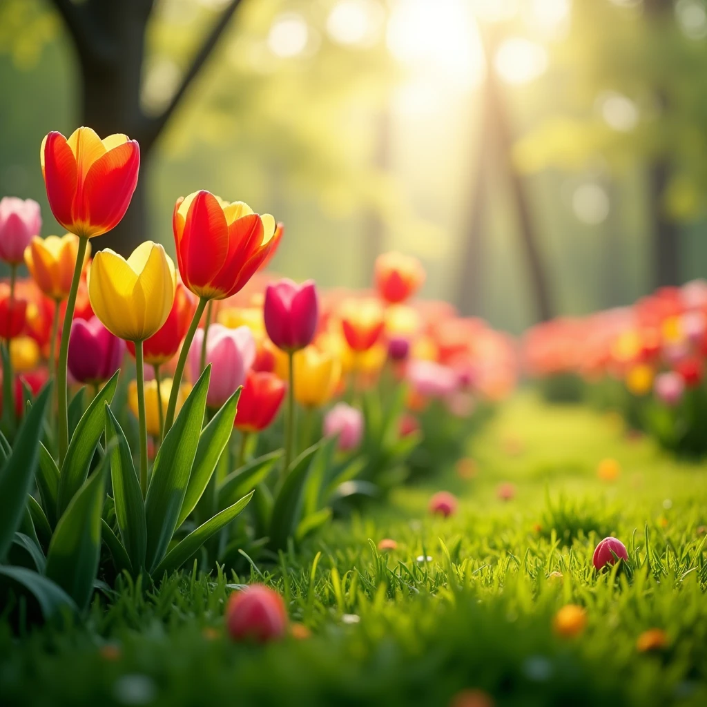 Many Beautiful Tulip Flowers And Green Lawn Growing In Park Spring