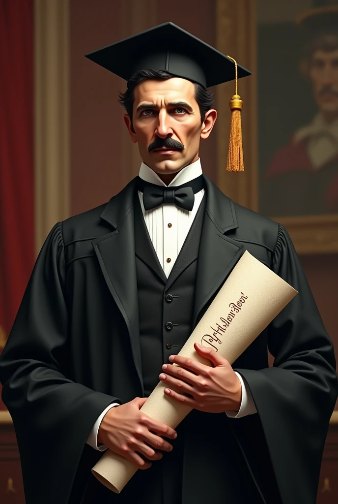 Nikola Tesla wearing a graduation cap and holding a diploma that says ...