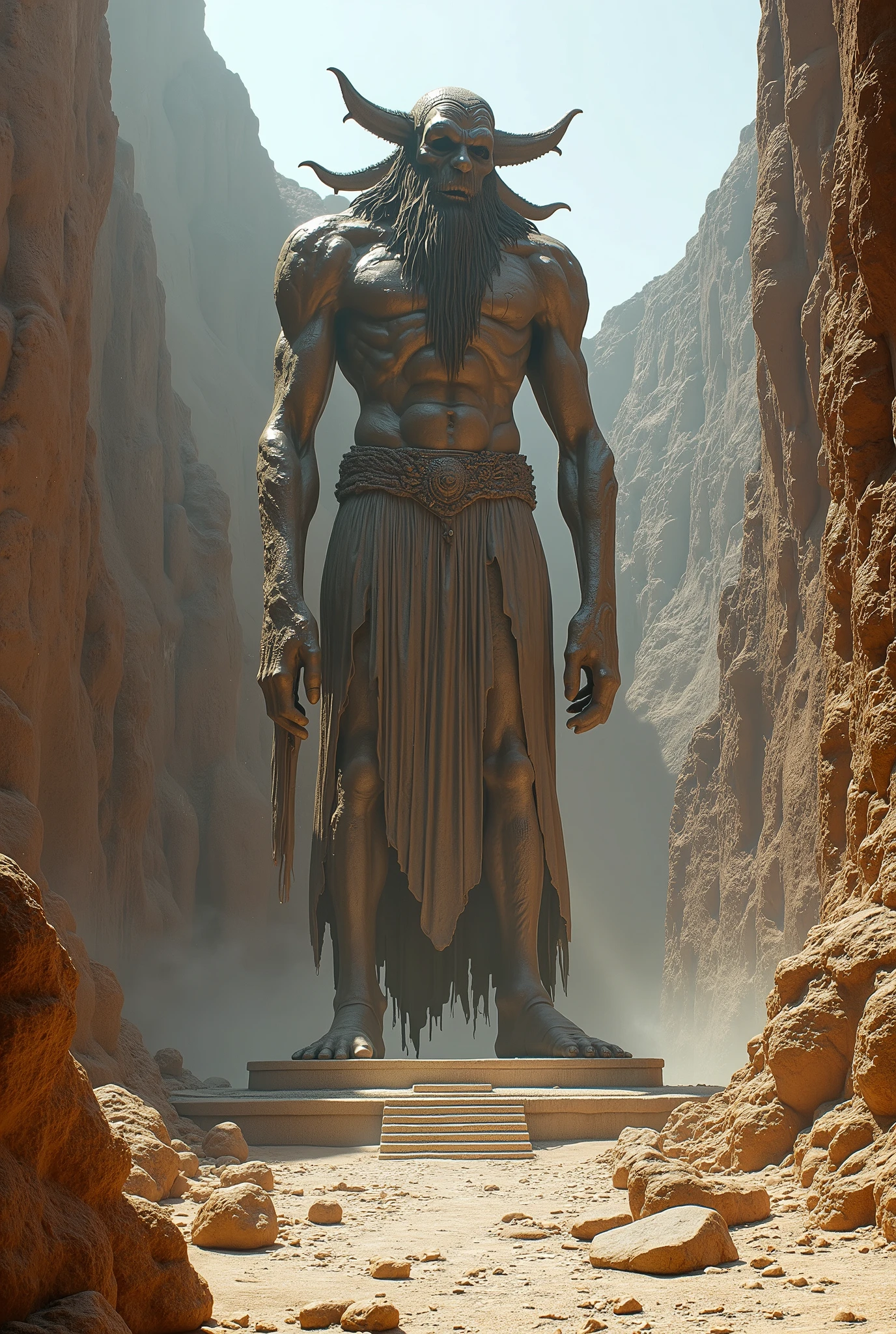 There is a statue of a man with a horned head in a desert - SeaArt AI