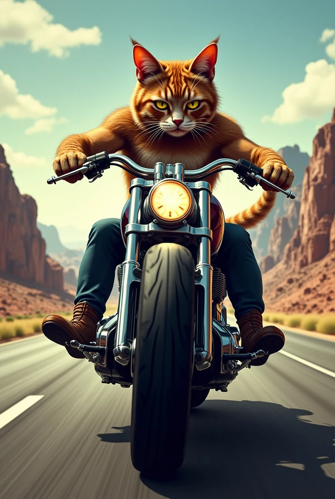 A bad ass cat riding a chopper motorcycle on the highway - SeaArt AI