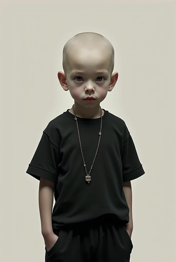 Makes a CHILD , bald , with a thin chain around his neck, a black shirt ...