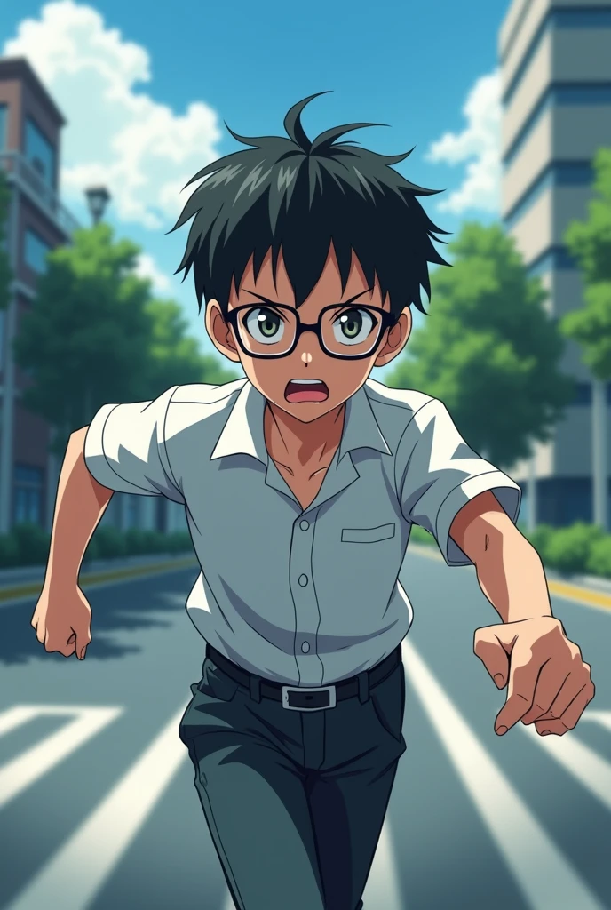 Generate me an anime boy (teenager) with glasses that is running ...
