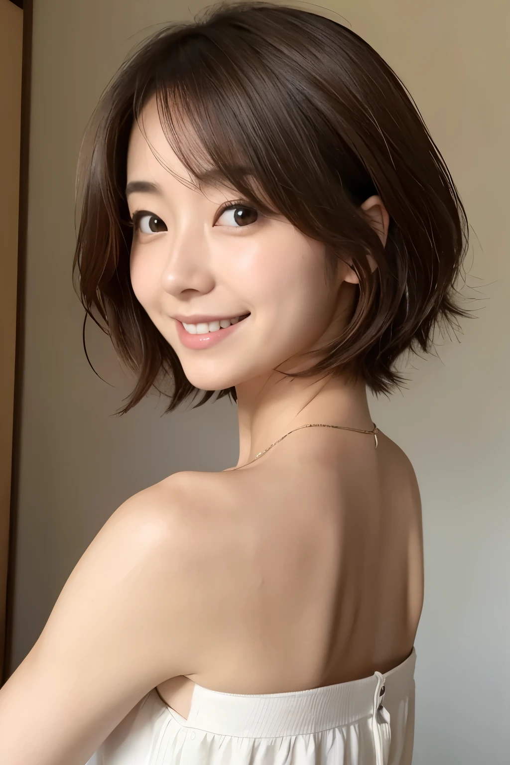 A close up of a woman with a white dress and a necklace - SeaArt AI
