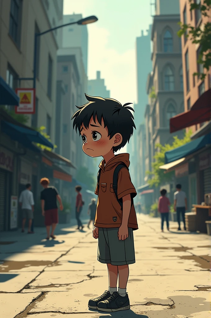 A boy crying in the streets, make animation 2d - SeaArt AI