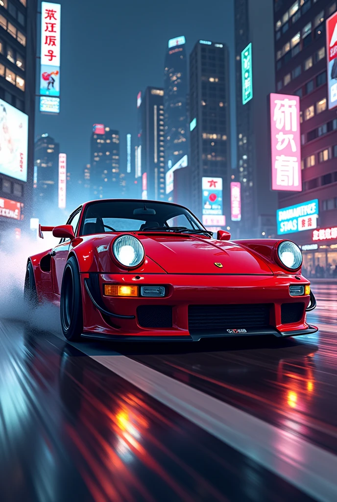 imagine A Porsche 911 drift car, red color car, in Japan anime style ...