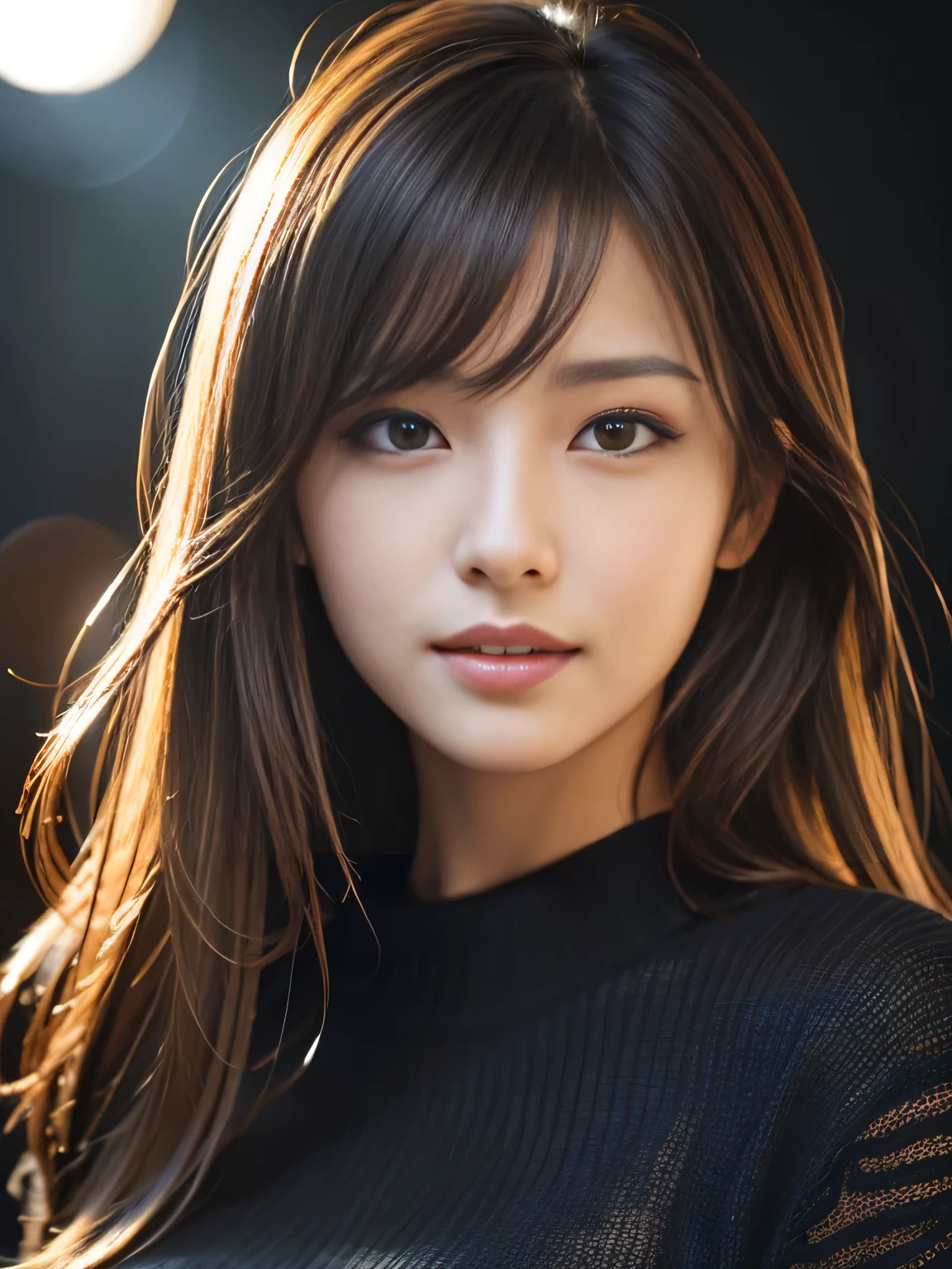 A woman with long hair and a black top posing for a picture - SeaArt AI