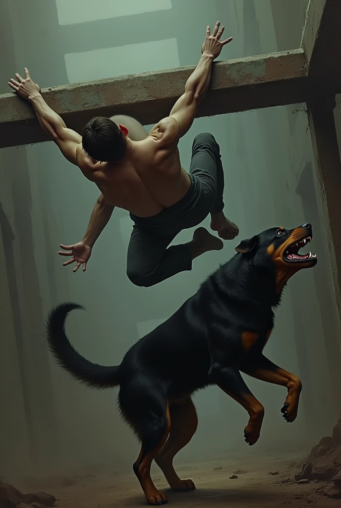 Rottweiler jumping trying to bite man who is holding on with his legs ...