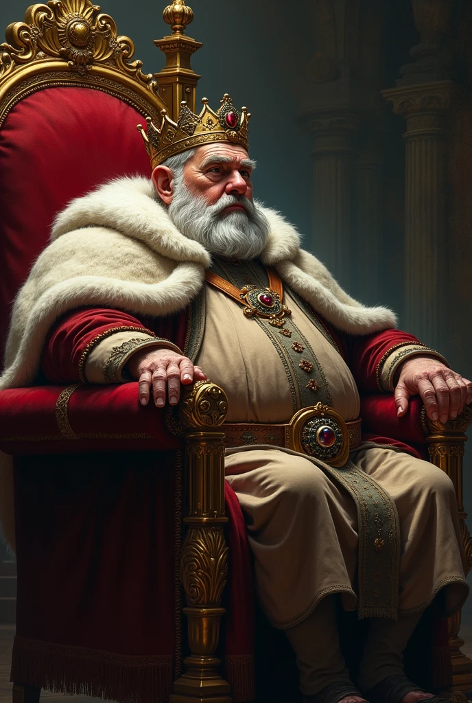 An old fat king, thinking deeply in his throne - SeaArt AI