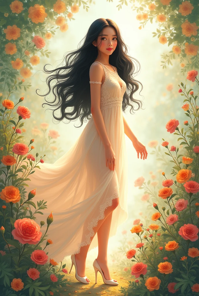 Can you generate a full body drawing of a soft girl with black hair ...