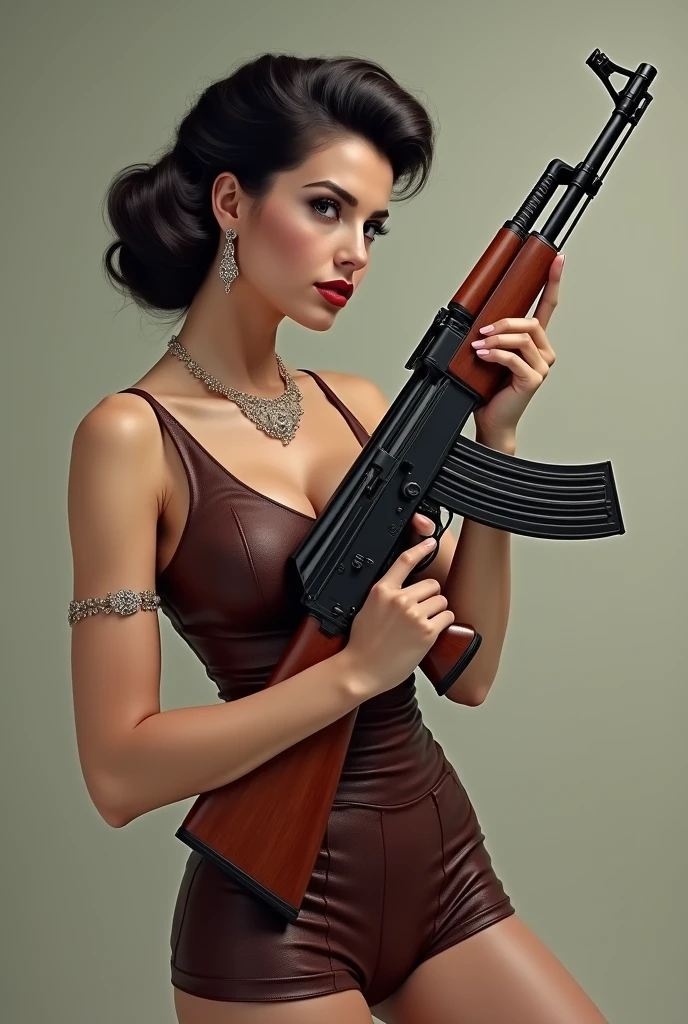A 4k photo quality of a Russian pinup girl holding an AK-47 - SeaArt AI