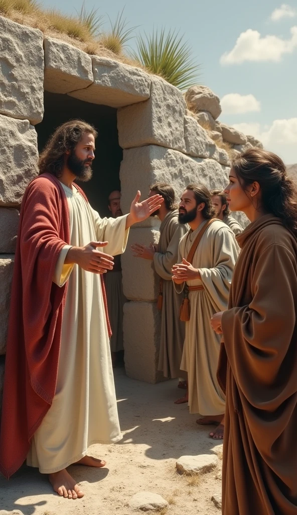 Jesus pointing to a large stone and men removing it and a woman next to ...