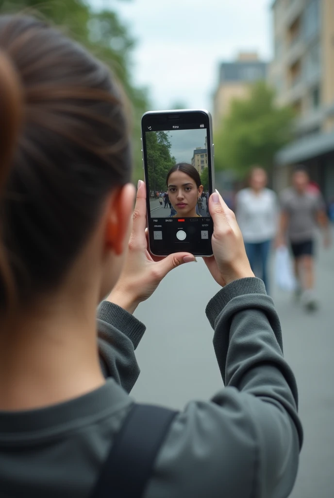 Recording video on cell phone woman in 1 person - SeaArt AI