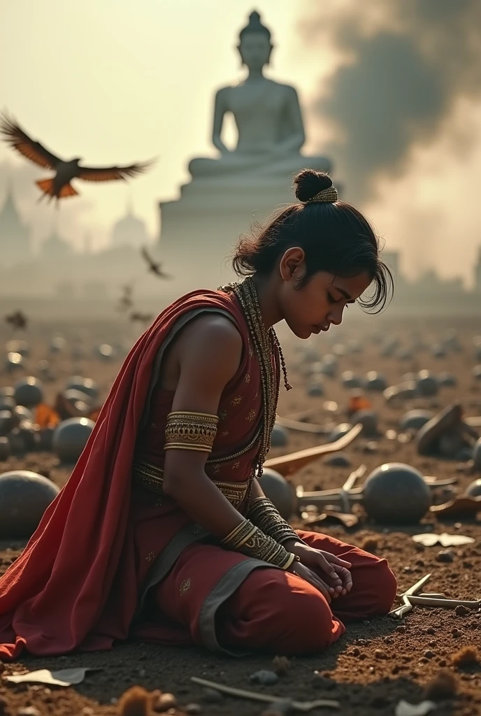 Side angled view, an ancient young indian king crying , tears showing ...