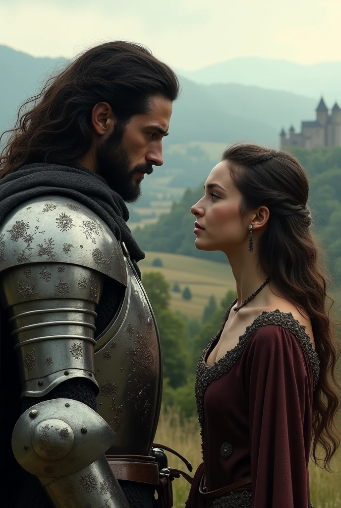 Adam driver medieval knight looking at a girl in front of him - SeaArt AI