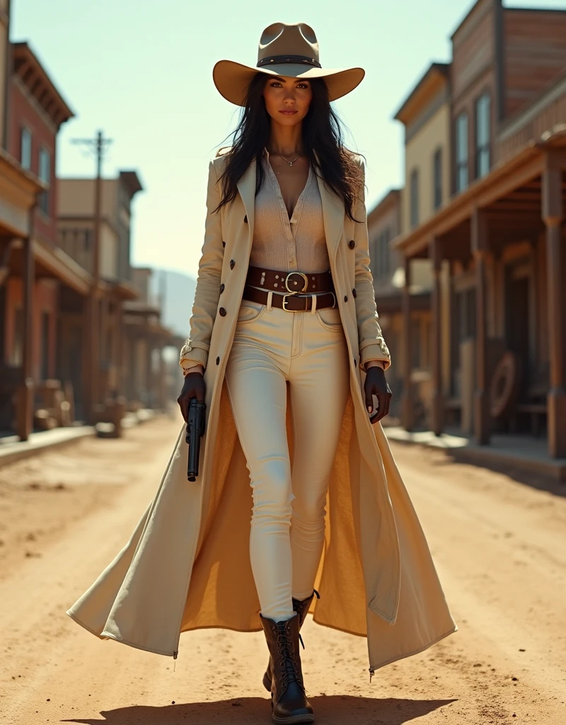 A beautiful female gunslinger wearing white leather pants and a trench ...