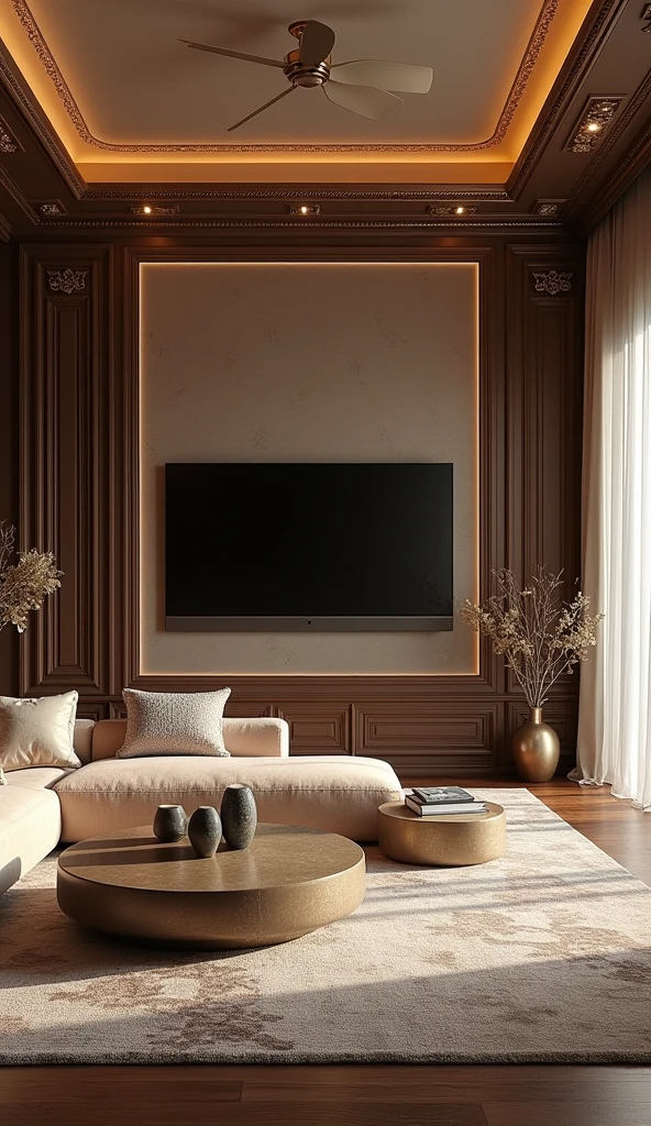 A luxurious room with a TV hanging upper wall. - SeaArt AI