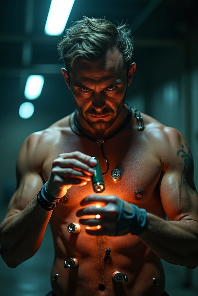 A man putting electric batteries into his body - SeaArt AI