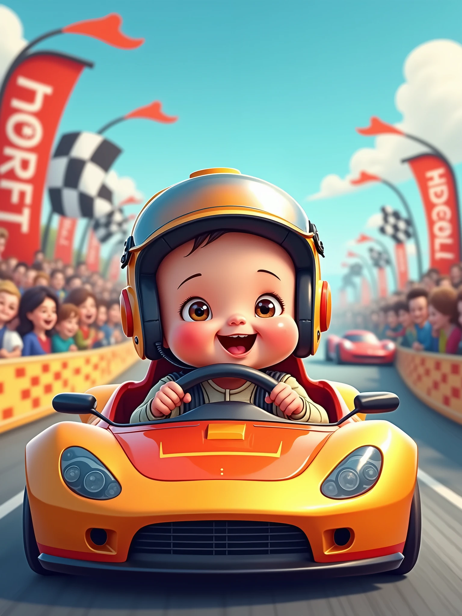 Cartoon baby driving a car with a crowd of people watching - SeaArt AI