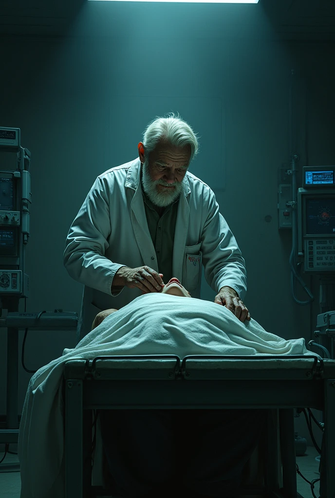 Location: Hospital morgue Image: An old doctor performs an autopsy on ...