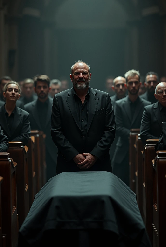 A sad funeral. But one guy in the funeral is smiling, because of the ...