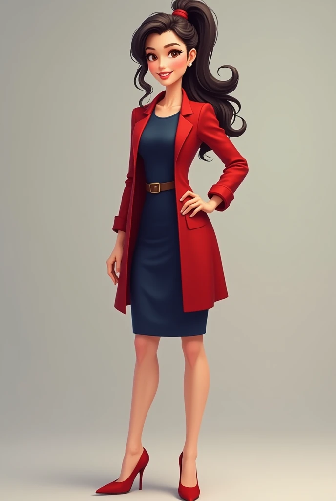 Teacher With long hair tied in a wavy ponytail, her hair is between ...