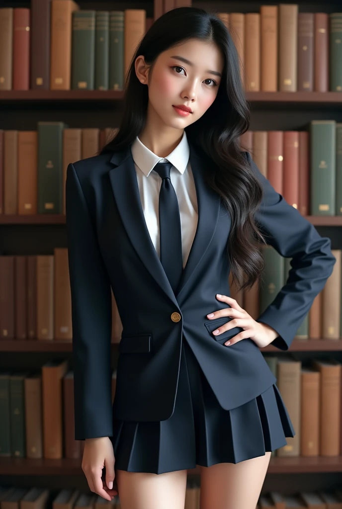Arafed asian woman in a school uniform posing in front of a bookcase ...