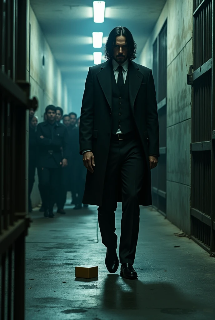 John Wick picking up a soap on the ground and the jail and behind some ...