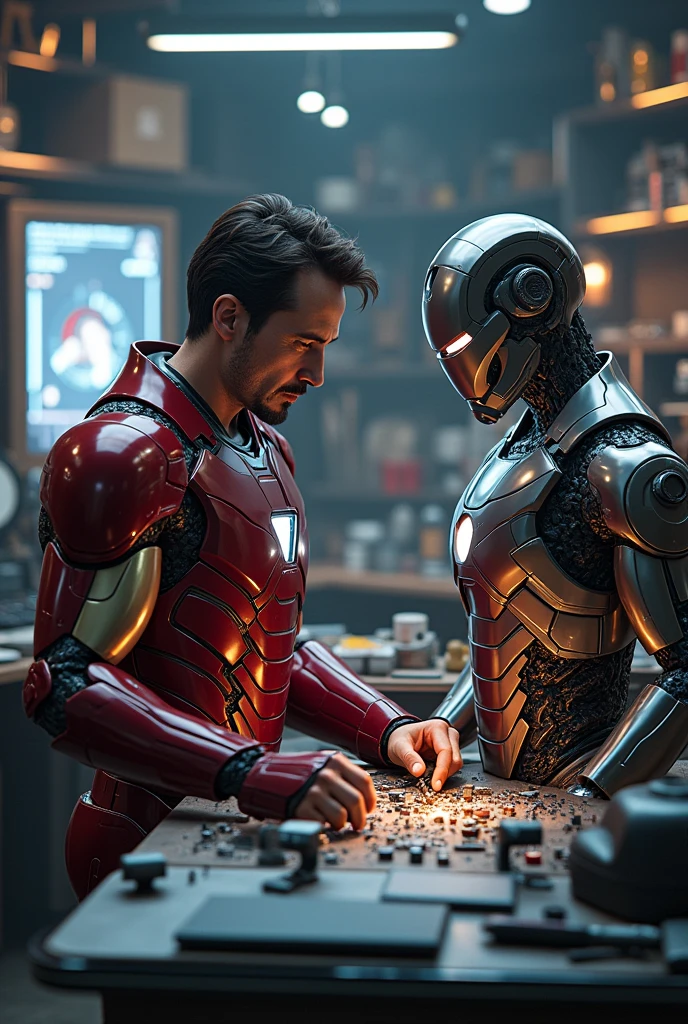 In Tony Star's workshop fixing his assistant - SeaArt AI