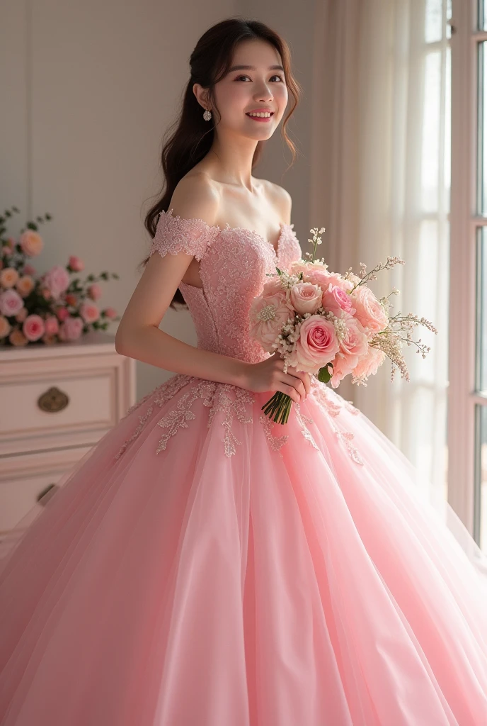 Bride pink dress beautiful like a kpop idol holding a bouquet - SeaArt AI