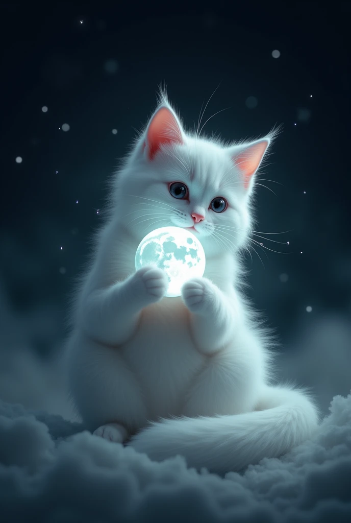 A white cat hugging a small white moon - SeaArt AI