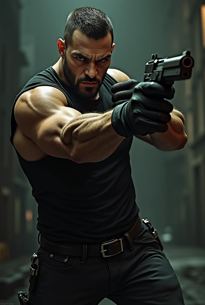 In a dynamic pose, with a gun - SeaArt AI
