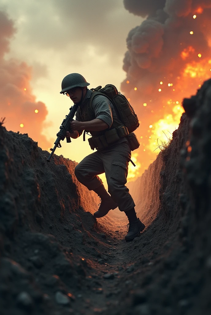 A soldier from behind climbing the trench and heading towards the ...