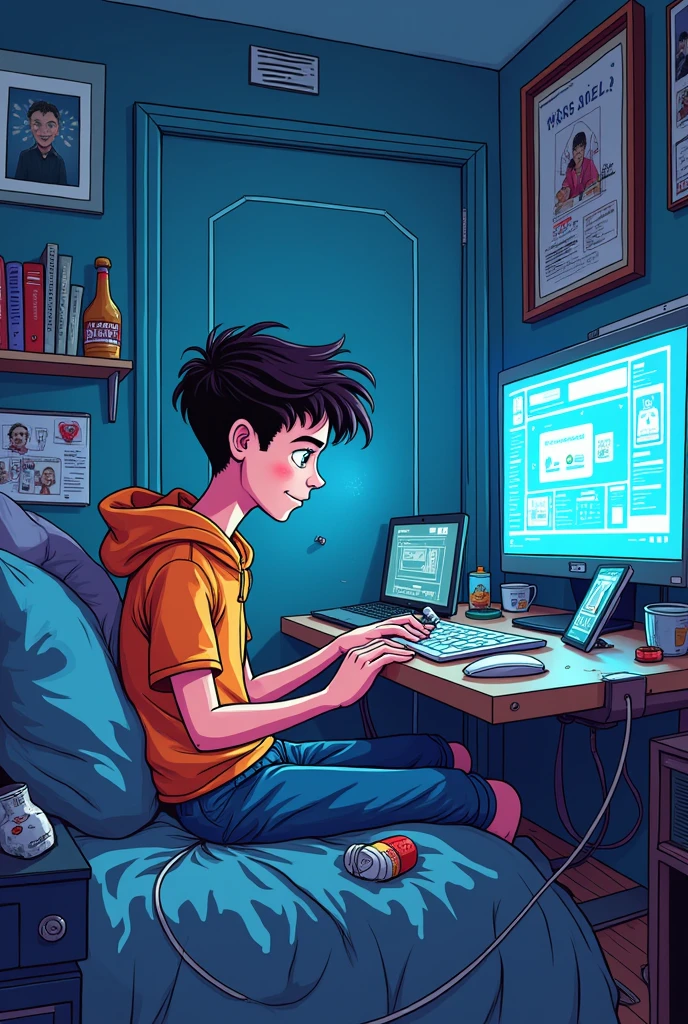 Cartoon image of a teenage boy playing gadgets in his room due to the ...