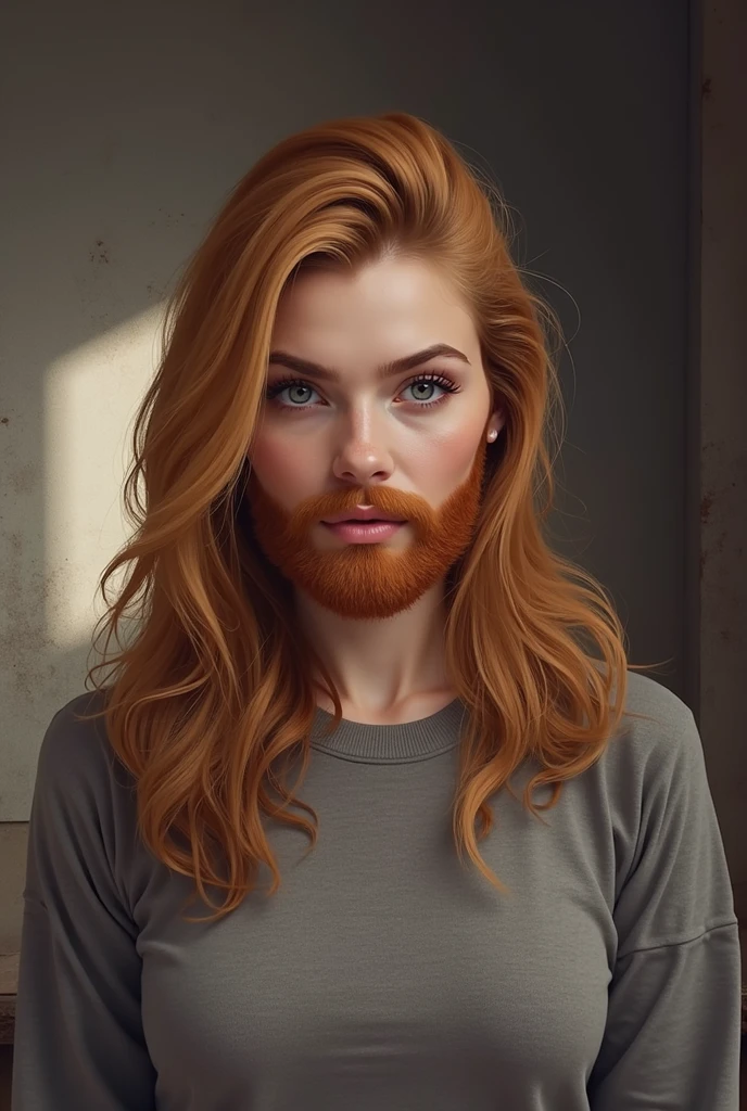 Precise portrait, bearded woman with a natural hairy and shaggy beard ...