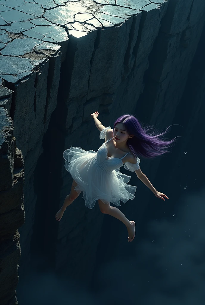 Young Korean woman floats in the void, falling towards a cliff made of ...