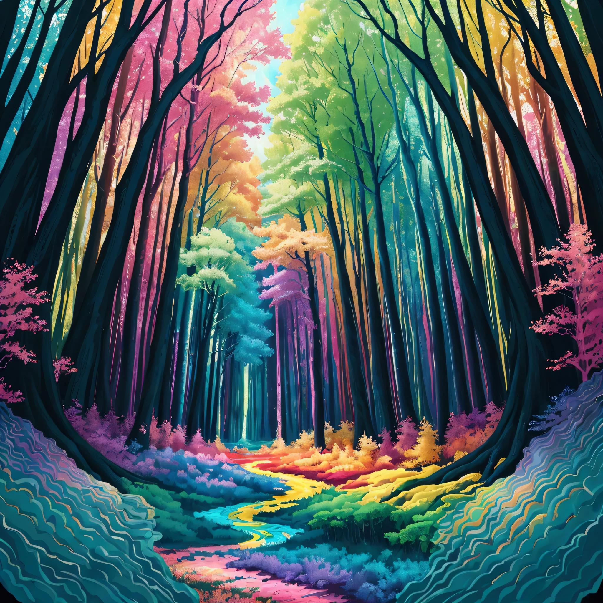 A painting of a colorful forest with a stream of water - SeaArt AI