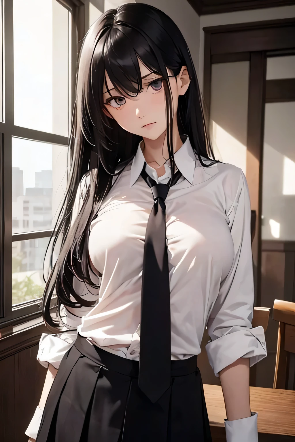 Anime girl in a white shirt and black tie posing for a picture - SeaArt AI