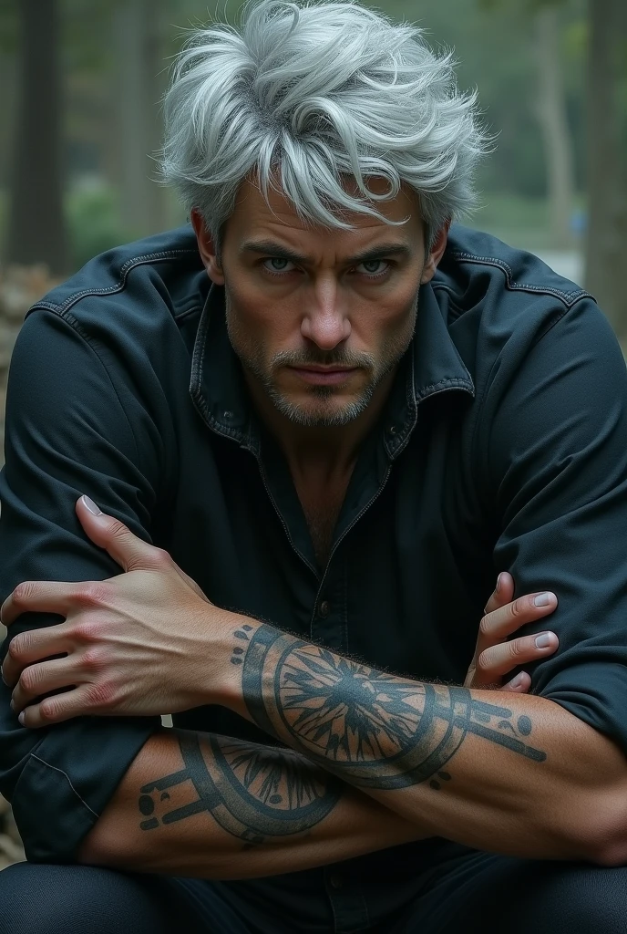 Tousled silver hair and dark, brooding eyes. He has a lean, athletic ...