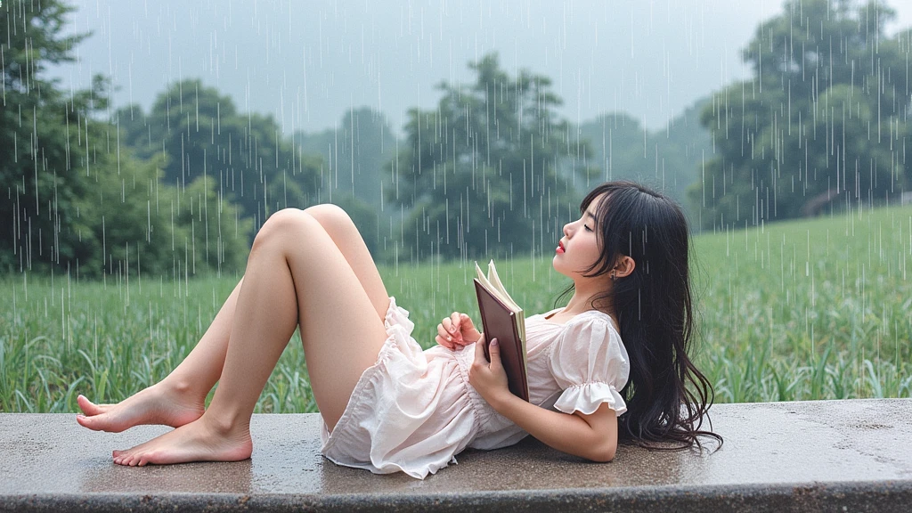 Arafed girl lolita laying on the grass in the rain with a book - SeaArt AI